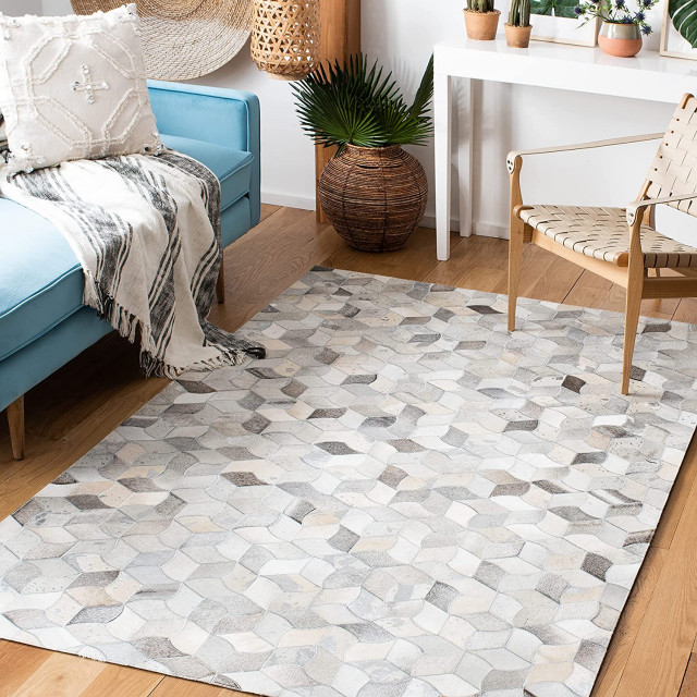 Modern Ivory and Grey Flatweave Leather Area Rug for Living, Dining ...