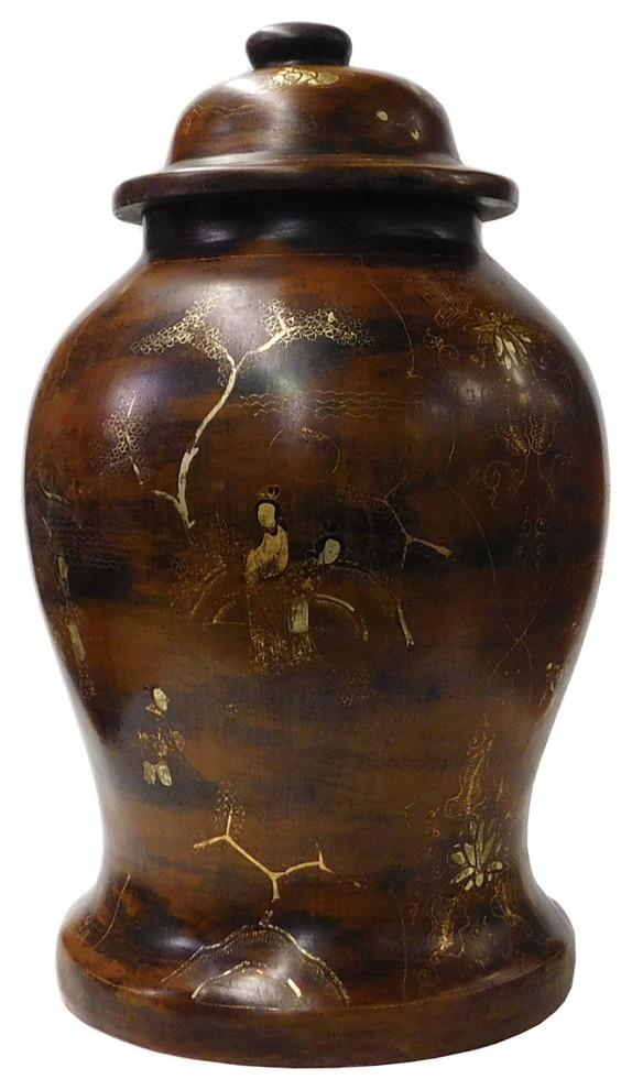 Chinese Distressed Brown Lacquer Golden Scenery Fat Jar - Asian ...