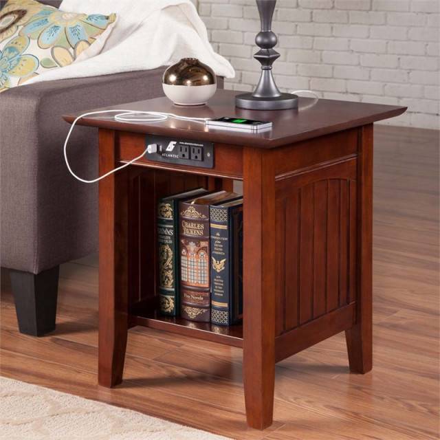 Leo & Lacey Modern Wood End Table w/ USB Charging Ports in Walnut ...