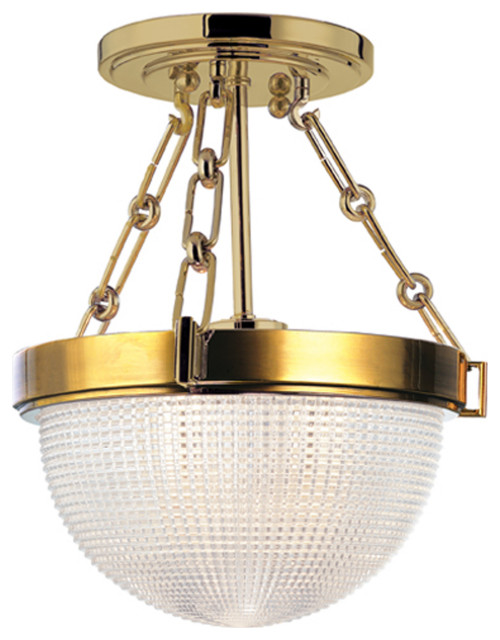 Winfield Semi Flush Aged Brass Finish Clear Pressed Prismatic Glass ...
