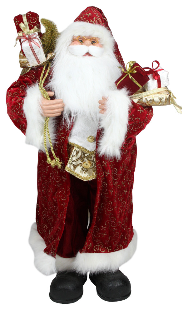32" Standing Santa Claus in Long Red and Gold Robe with Gifts Christmas ...