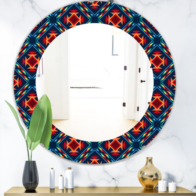 Tribal Abstract Pattern Midcentury Frameless Round Wall Mirror, 32x32 ...