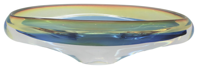 Elegant Amber Blue Oval Art Glass Canoe Bowl Long Contemporary Minimalist Clear Contemporary