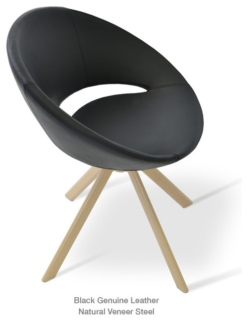 Crescent Sword Dining Chair, Natural Veneer Steel Base, Black Leather ...