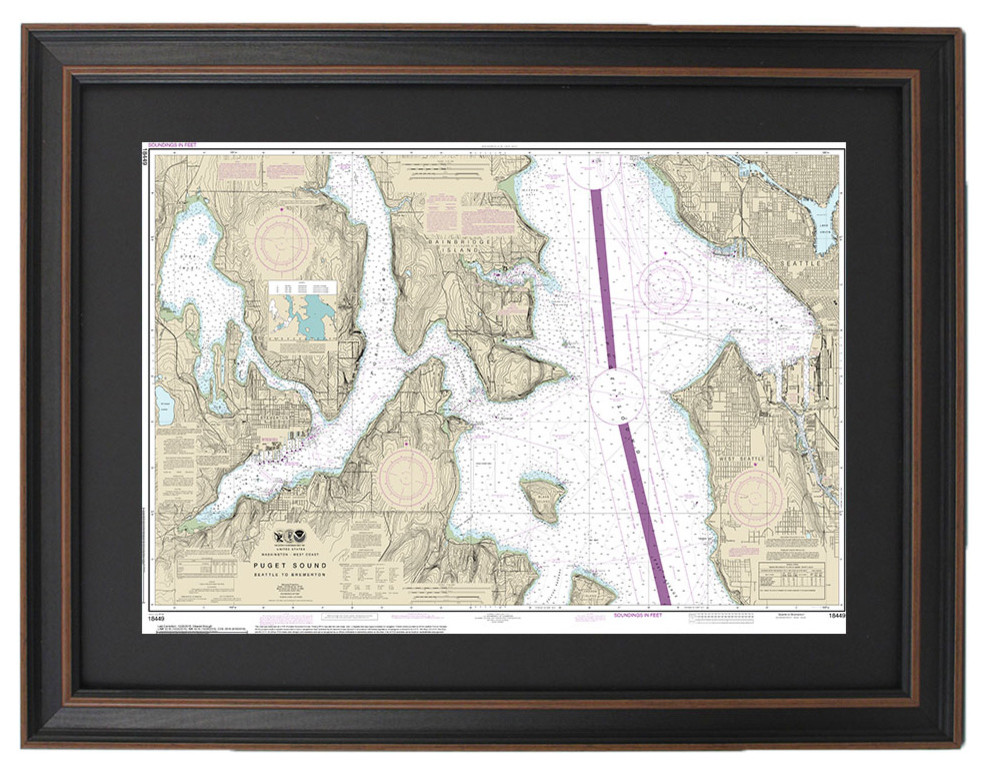 Framed Nautical Chart; Puget Sound, Seattle to Bremerton - Traditional ...