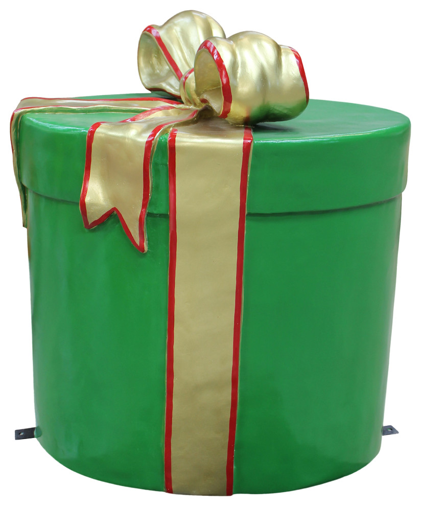24" Green Oval Gift Box With Gold Ribbon, Bow With Red Trim, Traditonal ...