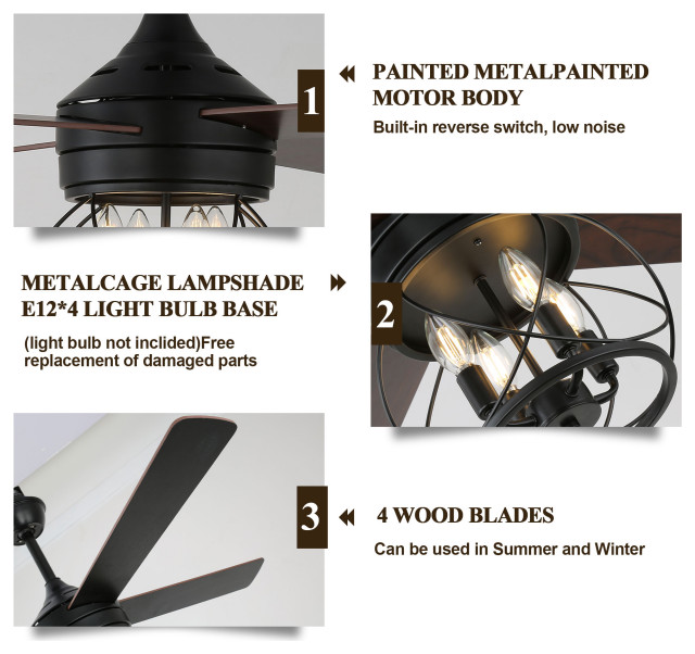 52" Farmhouse Wood Ceiling Fan with Remote and Light,6-Speed Rustic ...