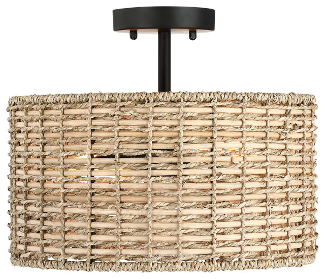 13.6" W 2-Light Natural Rattan Drum Semi-Flush Mount Ceiling Light ...