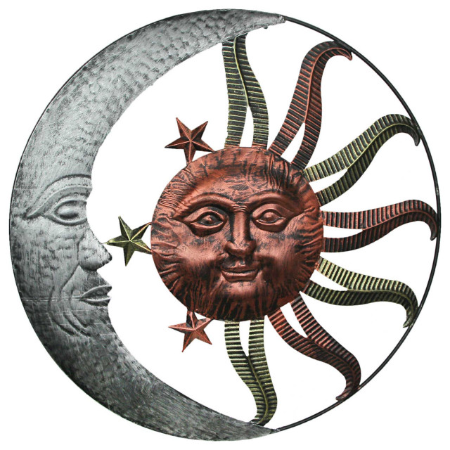 32 Inch Copper Brass Metal Sun Moon Face Wall Sculpture Indoor Outdoor ...