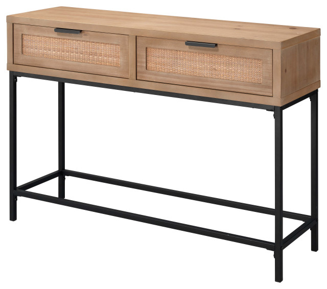 Luxe Woven Raffia Front 2 Drawer Console Table Casual Light Wood 40 ...
