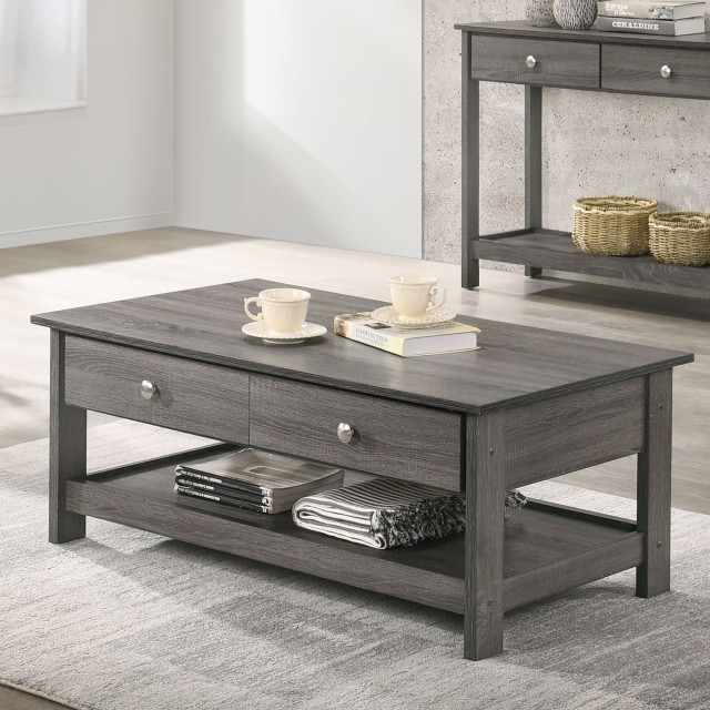 Gray Farmhouse Coffee Table with Two Drawers and Lower Shelf ...