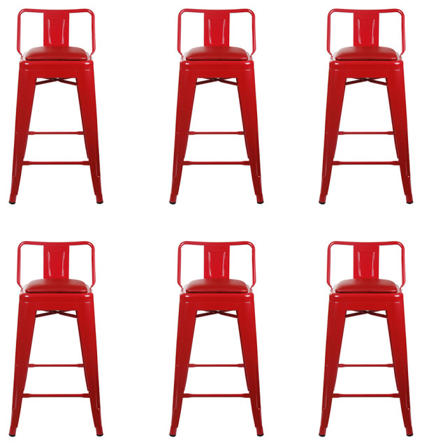 Lowback Red Metal Bar Stools, Red Vegan Leather Seat, Set of 6 ...
