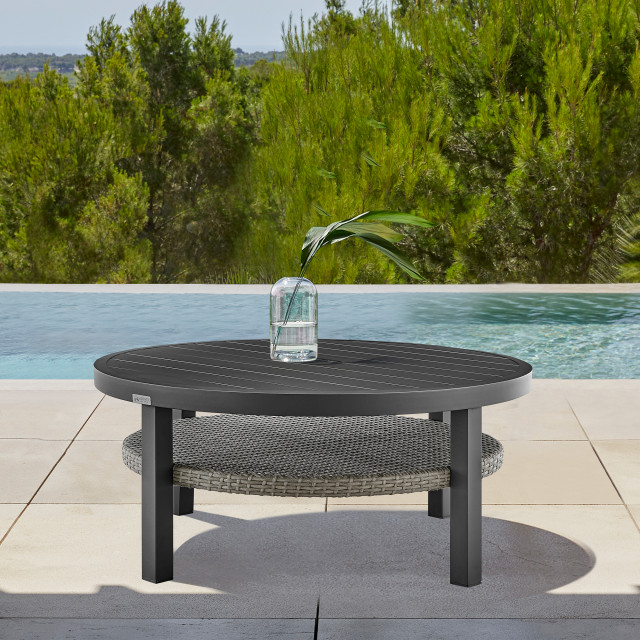 Aileen Outdoor Patio Round Coffee Table, Black Aluminum With Gray ...