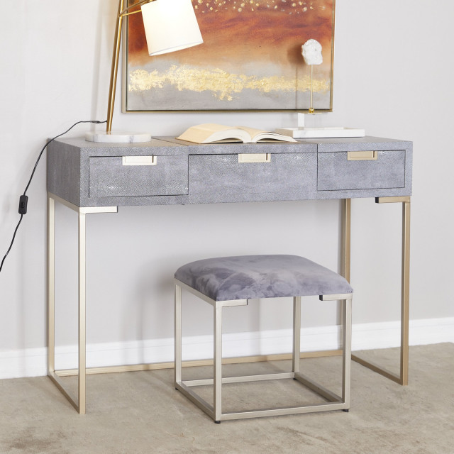 Contemporary Vanity Set, Top With Flip Up Mirror & Cushioned Stool ...