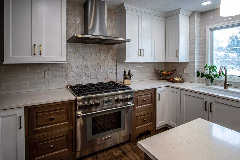 Two Tone Kitchen with Floating Shelves and Island Seating and Updated ...