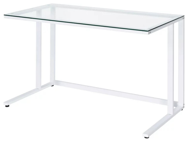 Modern Desk Open White Painted Metal Frame With Rectangular Clear Glass ...