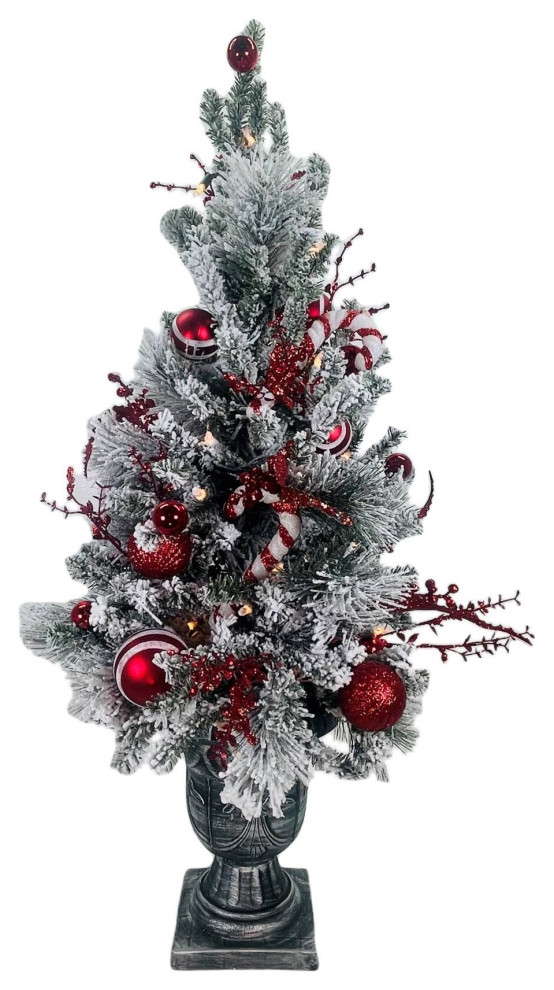Flocked Lighted Table Top Tree With Red and White Ornaments, 36 ...