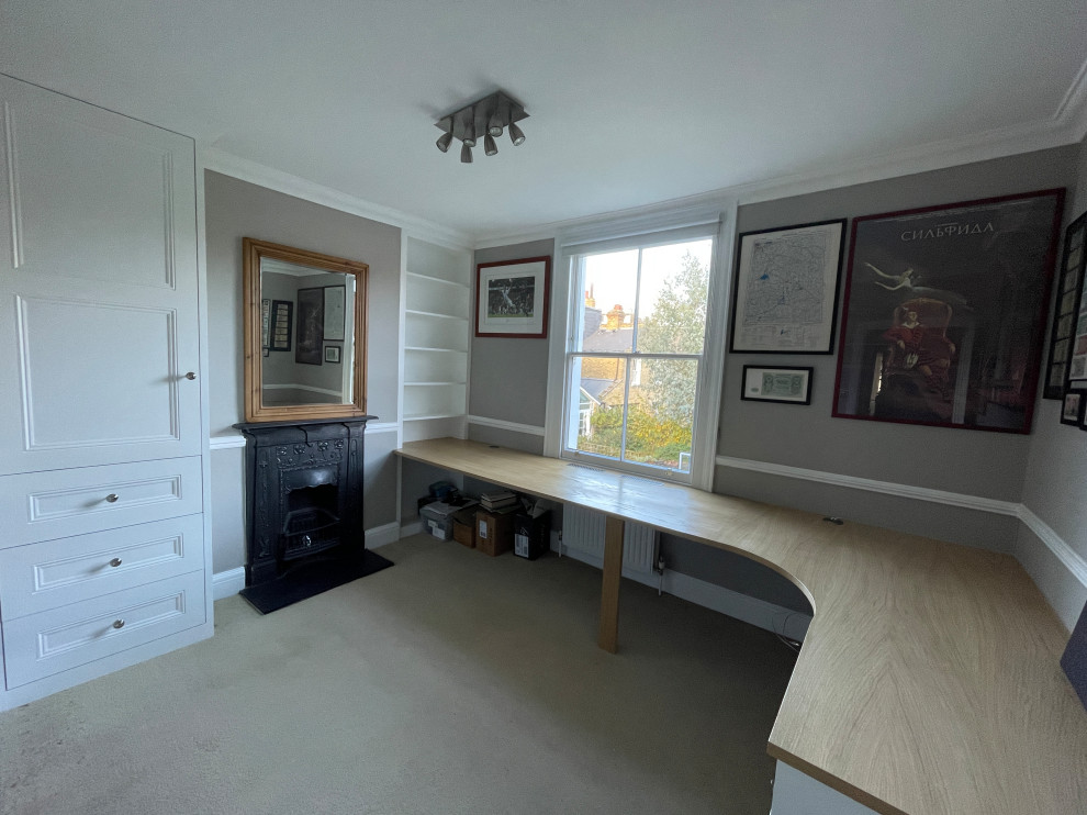 Curved Corner Desk With Drawers, Built-In Shelving & Shaker Cabinet ...
