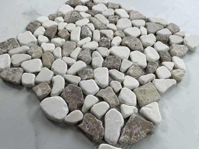 Non Slip Shower Floor Tile Tumbled Emperador Beige Marble Pebblestone ...