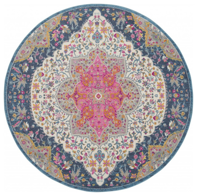 8' Round Blue and Pink Medallion Area Rug, 8'xRound - Traditional ...
