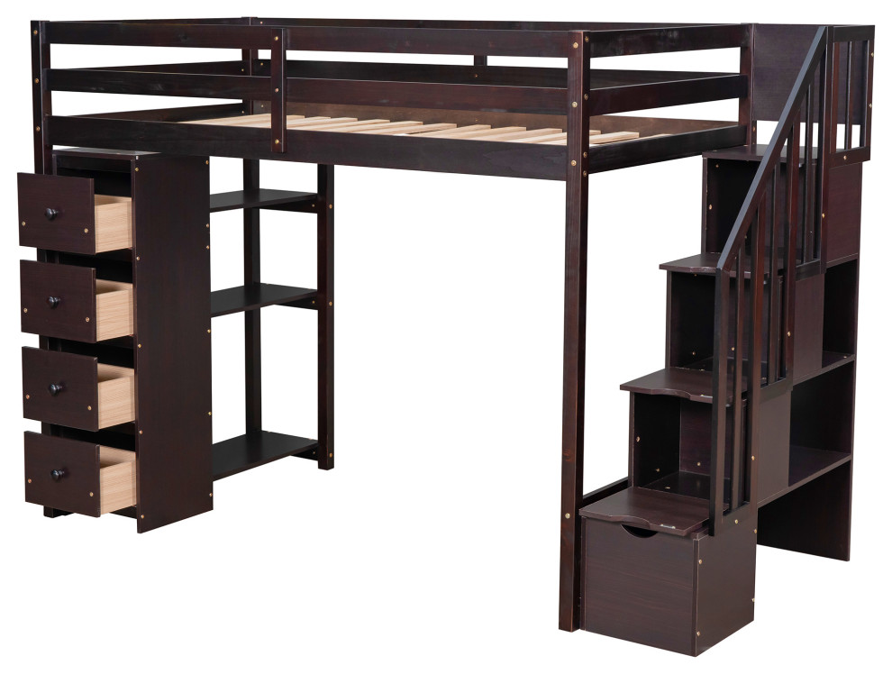 Gewnee Wood Twin Loft Bed with Storage Drawers and Stairs in Espresso ...