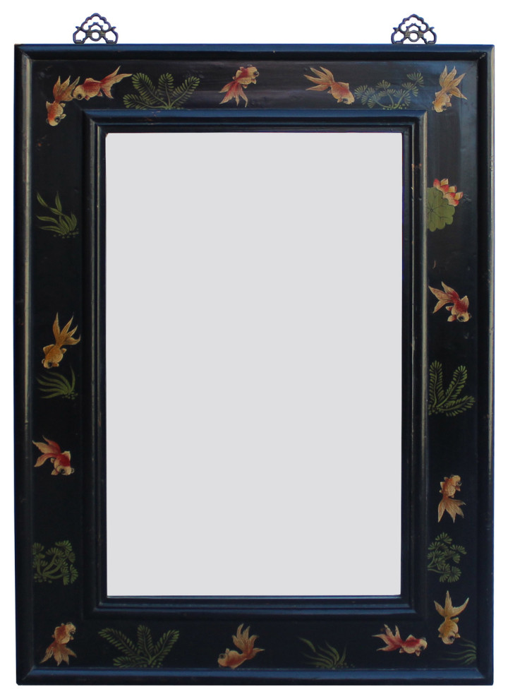 Oriental Flower Graphic Black Lacquer Wood Frame Wall Mirror Hws835 ...