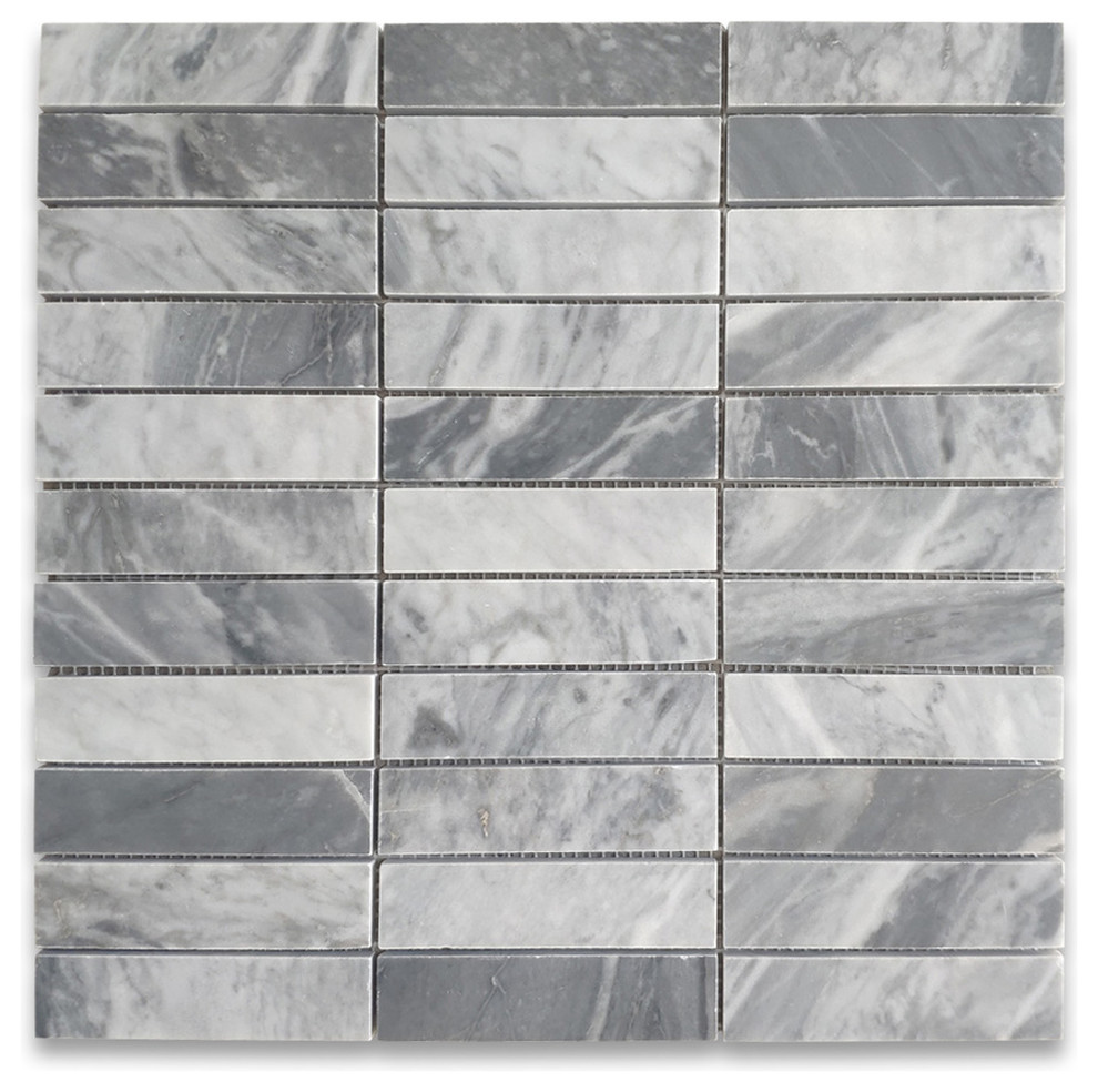 1x4 Bardiglio Gray Marble Stacked Rectangular Mosaic Tile Honed, 1 ...