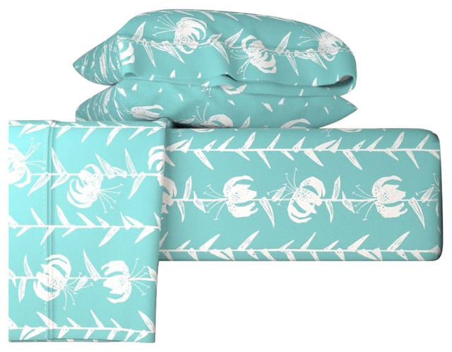 Lily Stripe Turquoise Turquoise Floral 4pc Cotton Sheet Set, Queen ...