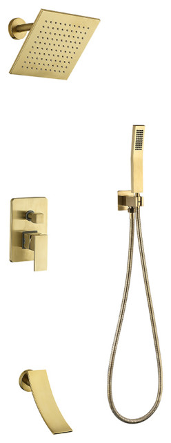 Waterfall Tub Spout Shower Faucet Set with Rain Shower Head in Brushed ...