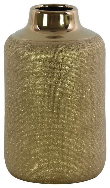 Round Ceramic Vase With Engraved Criss-Cross Design, Medium, Gold ...