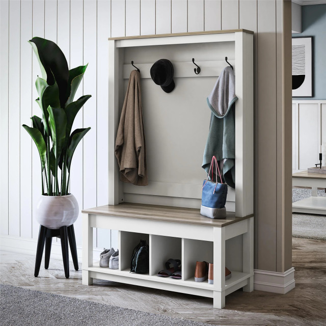 Modern Rustic Farmhouse Hall Tree with Hooks and Shelves, White/Brown ...