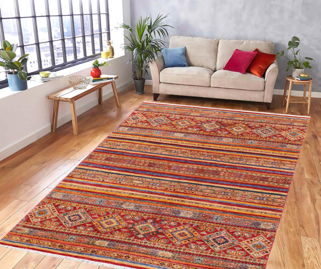 Southwestern Khurgeen Lula Red/Blue Wool Rug - 5'7'' x 8'2'', 5'7'' x 8 ...