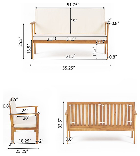 GDF Studio 4-Piece Lucent Outdoor Acacia Wood Chat with Cushions Set ...
