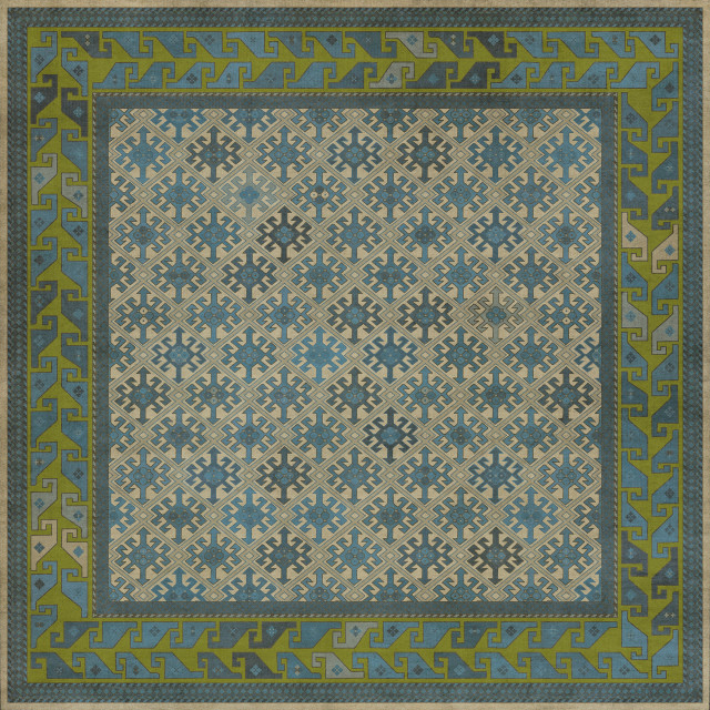 Persian Bazaar Daghestan, Babki 72x72 Vintage Vinyl Floorcloth, Blue ...