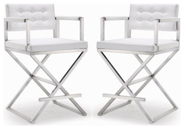 Home Square Director 26" Steel & Fabric Counter Stool in White - Set of ...