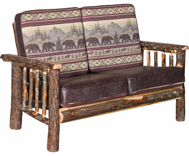 Hickory Log Love Seat with Faux Brown Leather Accents - Rustic ...