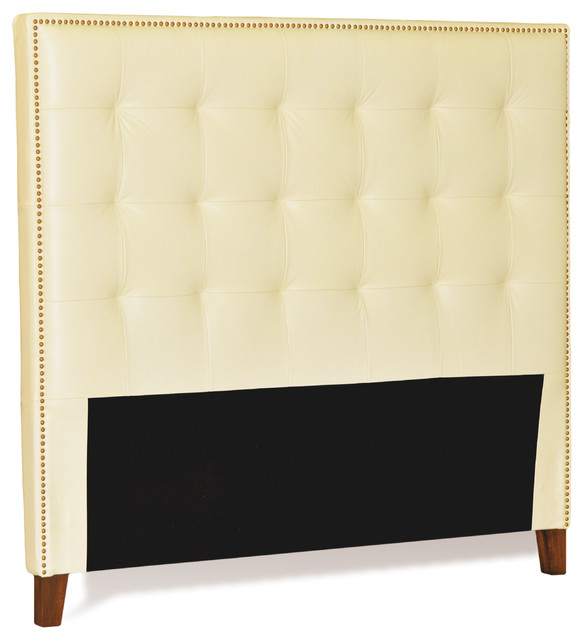 Ivory-Cream Genuine Leather Buttonless Tufted Headboard With Nail Head ...