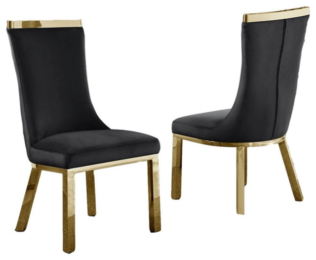 Velvet Upholstered Dining Chairs in Black with Gold Stainless Steel ...