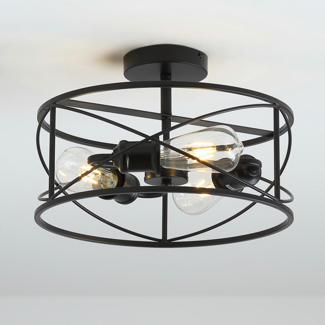 Black 3-Light Cage Shape Ceiling Light Metal Frame Semi Flush Mount ...