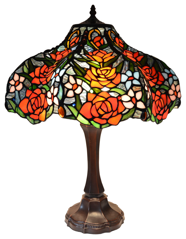 18"W Rose Flower Jeweled Stained Glass Handcrafted Table Desk Lamp ...