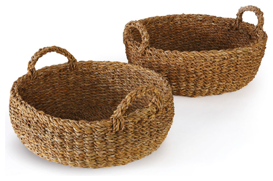 Sea Grass Shallow Baskets With Handles, Set of 3 - Beach Style ...