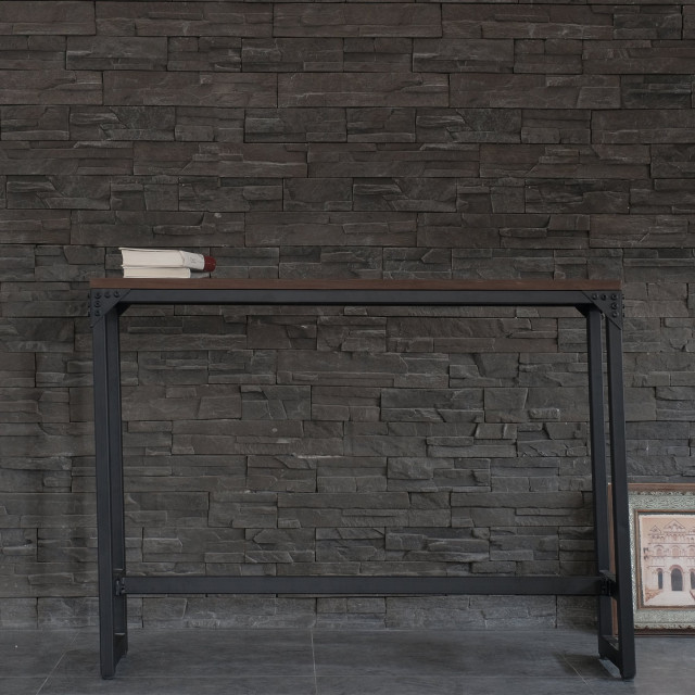 Industrial Console Table, Black Finished Metal Frame With Large Brown ...