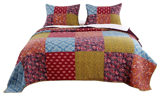 2 Piece Cotton Twin Size Quilt Set with Patchwork, Multicolor ...