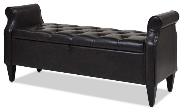 Elegant Storage Bench, Brown Faux Leather Seat With Rolled Arms ...