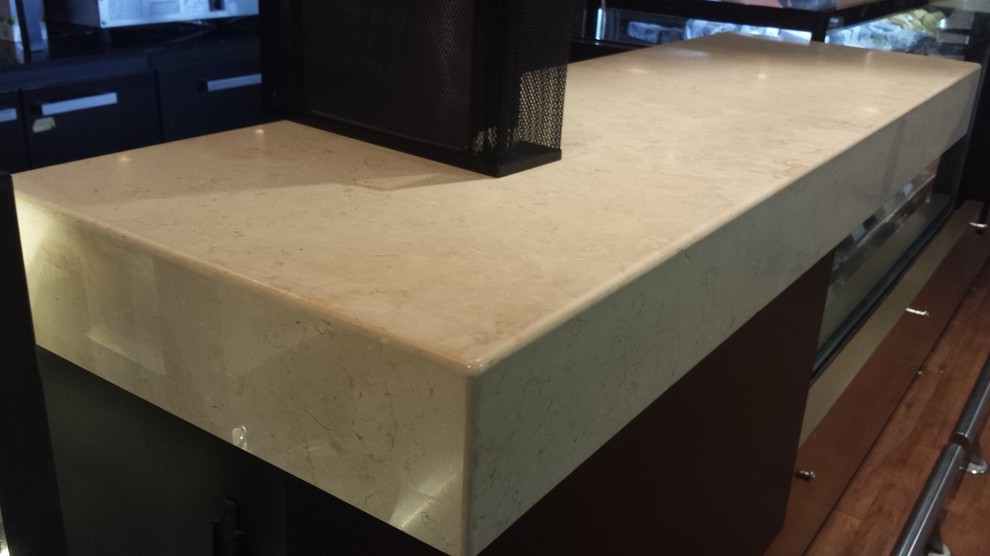Crema Marfil Marble countertops with a 120mm front fascia ...
