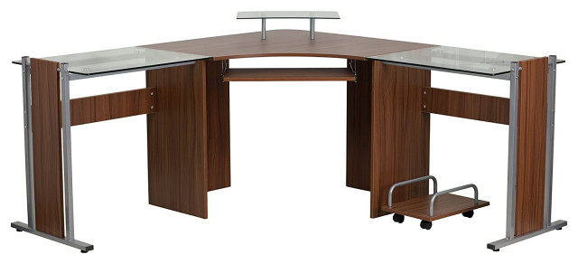 Contemporary Desk, L-Shaped Design With Glass Workspace & Raised Shelf ...