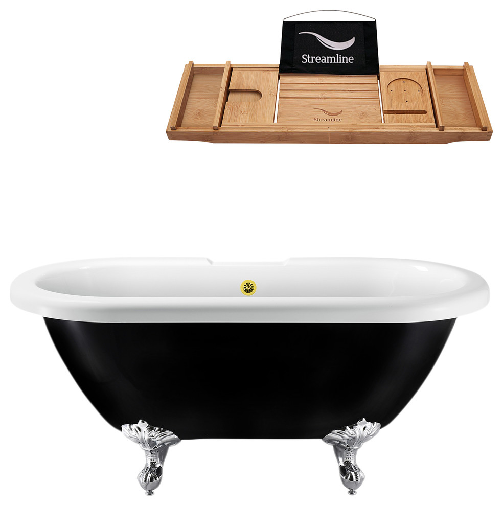 59" Black Clawfoot Tub and Tray, Chrome Feet, Gold External Drain ...