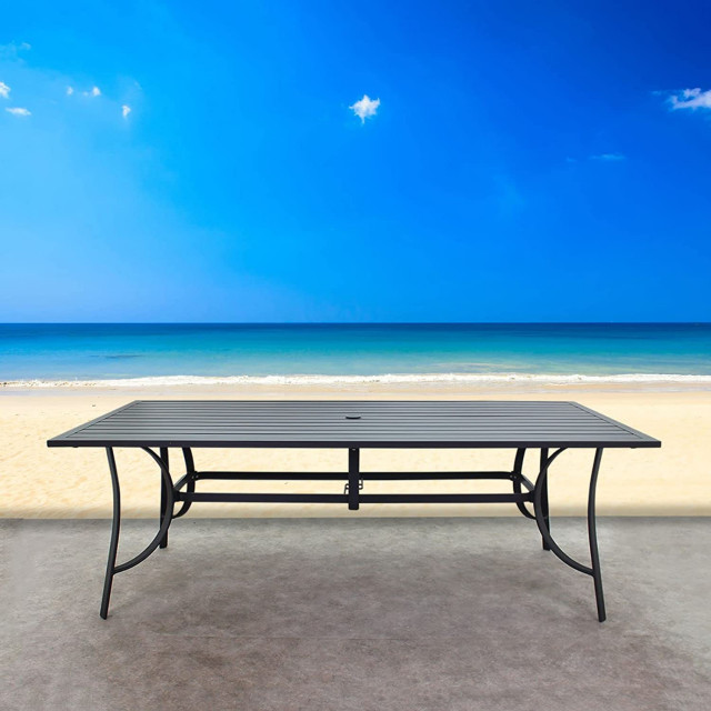 Rectangle Outdoor Dining Table, Slatted Aluminum Top With Umbrella Hole ...