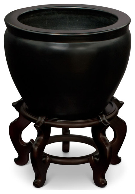 12" Hand Made Matte Black Chinese Fishbowl Planter - Asian - Indoor ...