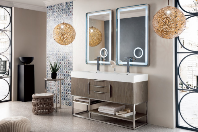 59 Inch Ash Gray Double Sink Bathroom Vanity Brushed Nickel Base, James ...